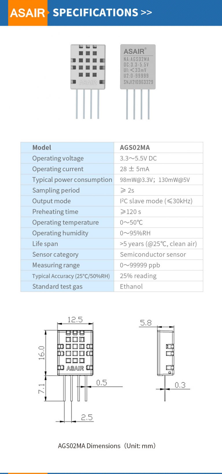 ASAIR AGS02MA TVOC Gas Sensor