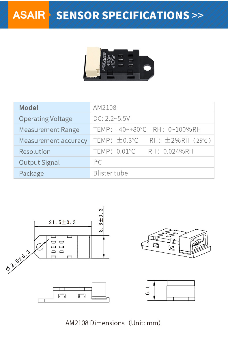 ASAIR AM2108 Min Temperature and Humidity Sensor Module