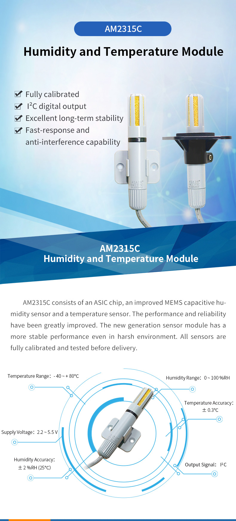 ASAIR AM2315C Temperature And Humidity Sensor
