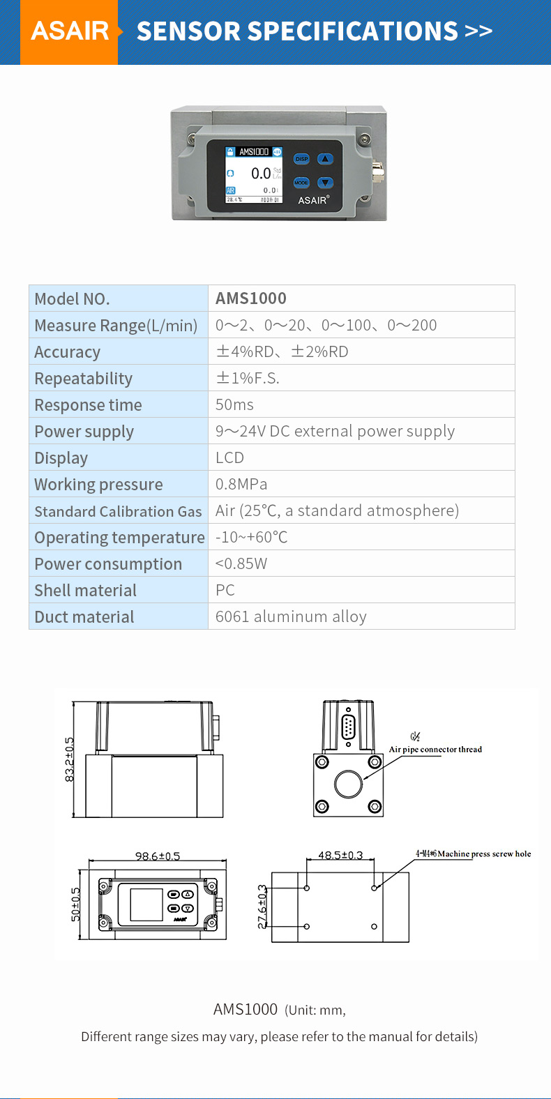 AMS1000 Gas Mass flow sensor