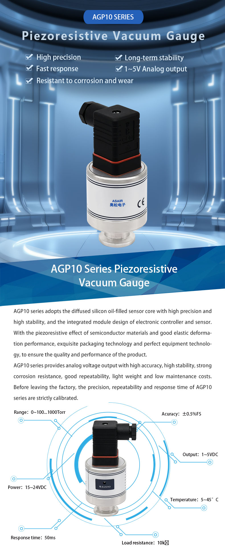 AGP10 Piezoresistive Vacuum Gauge